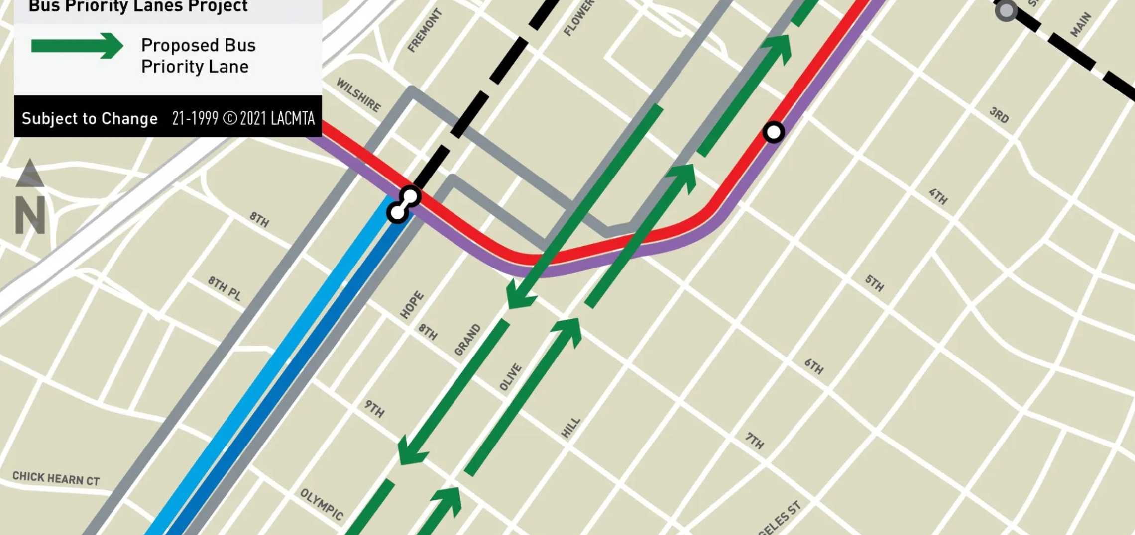 Bus priority lanes are being installed on Grand and Olive in DTLA ...