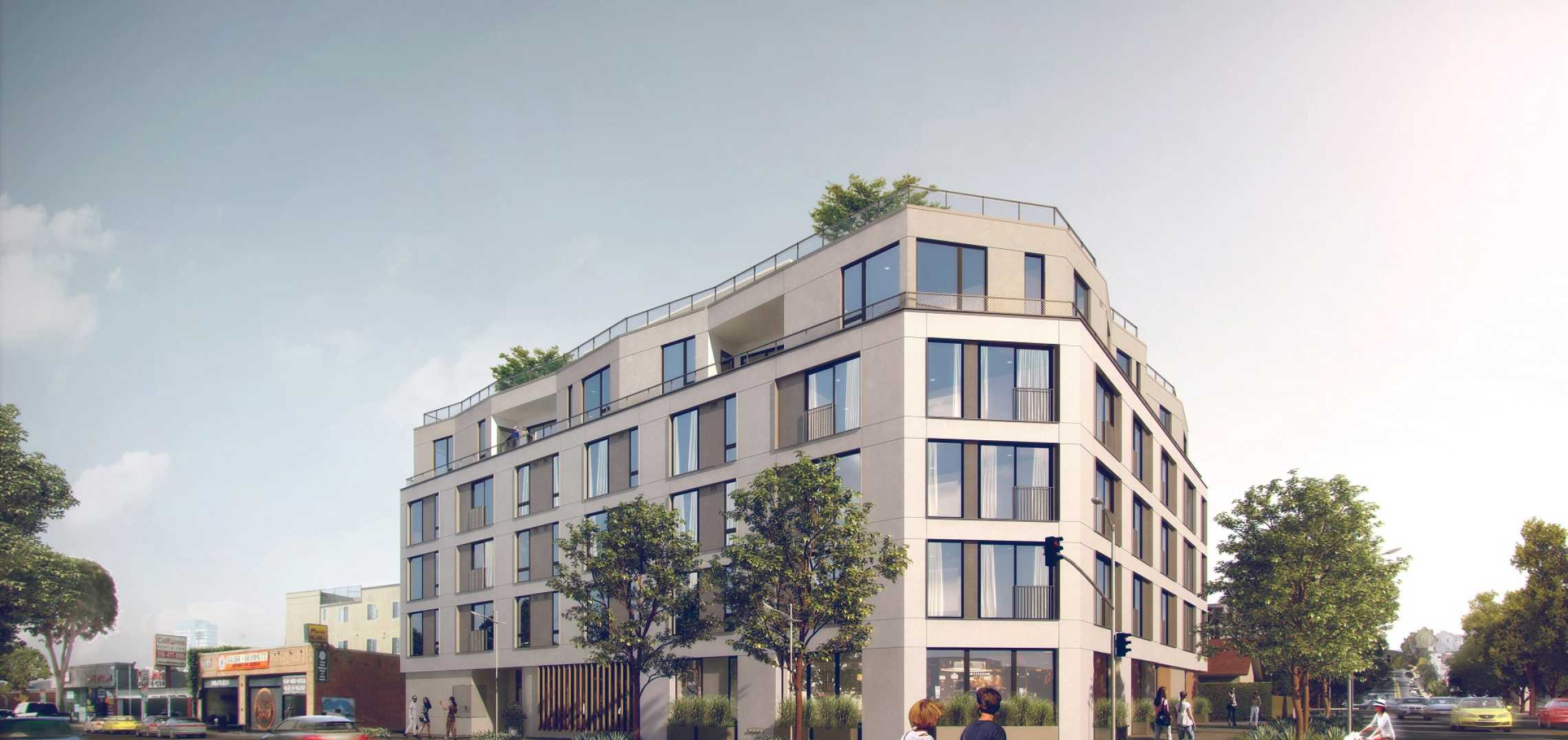 Mixed-use apartment building fully framed at 11701 W Santa Monica ...