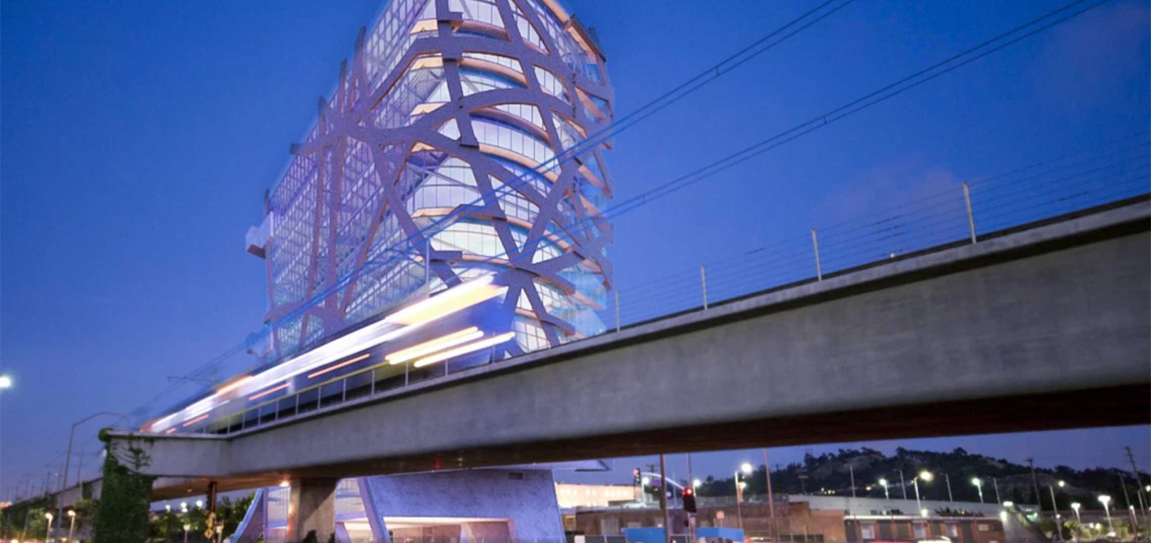 Twisting metal frame of Wrapper office tower completed | Urbanize LA